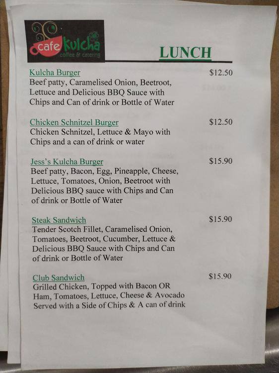 Menu at Café Kulcha cafe, Campbelltown