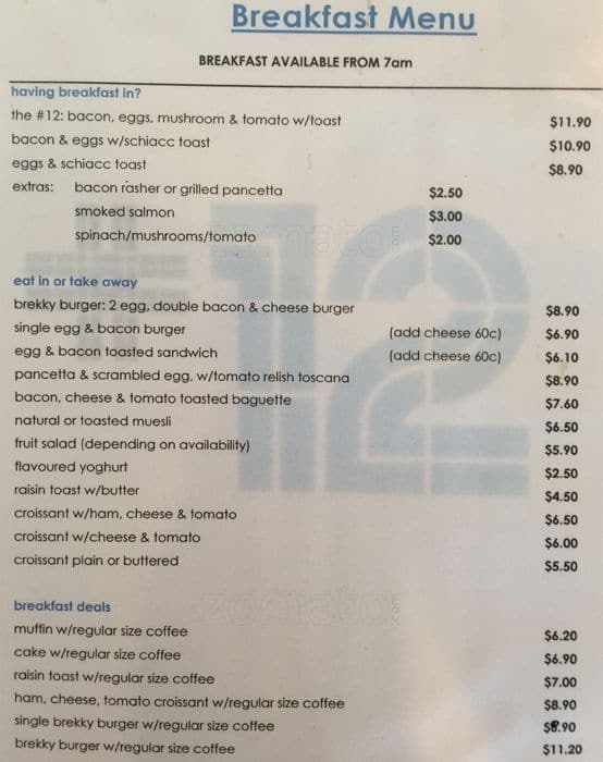 Menu at Number 12 Cafe, Adelaide