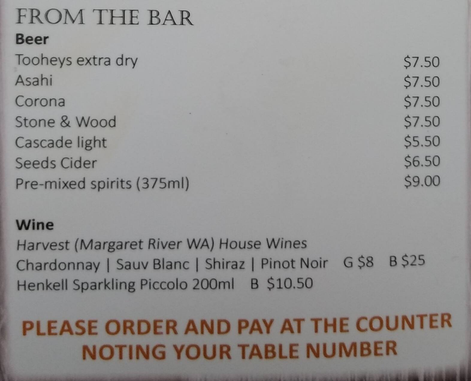 Menu at Harvest Cafe, Victoria Point
