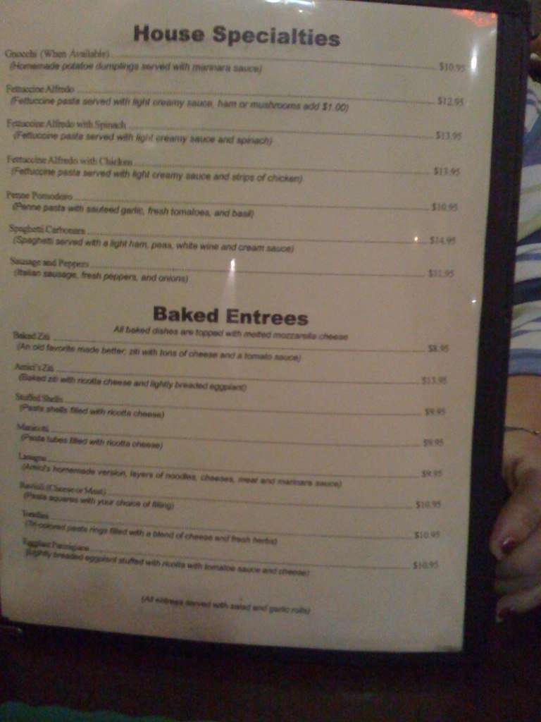 Menu at Amici's pizzeria, The Hammocks