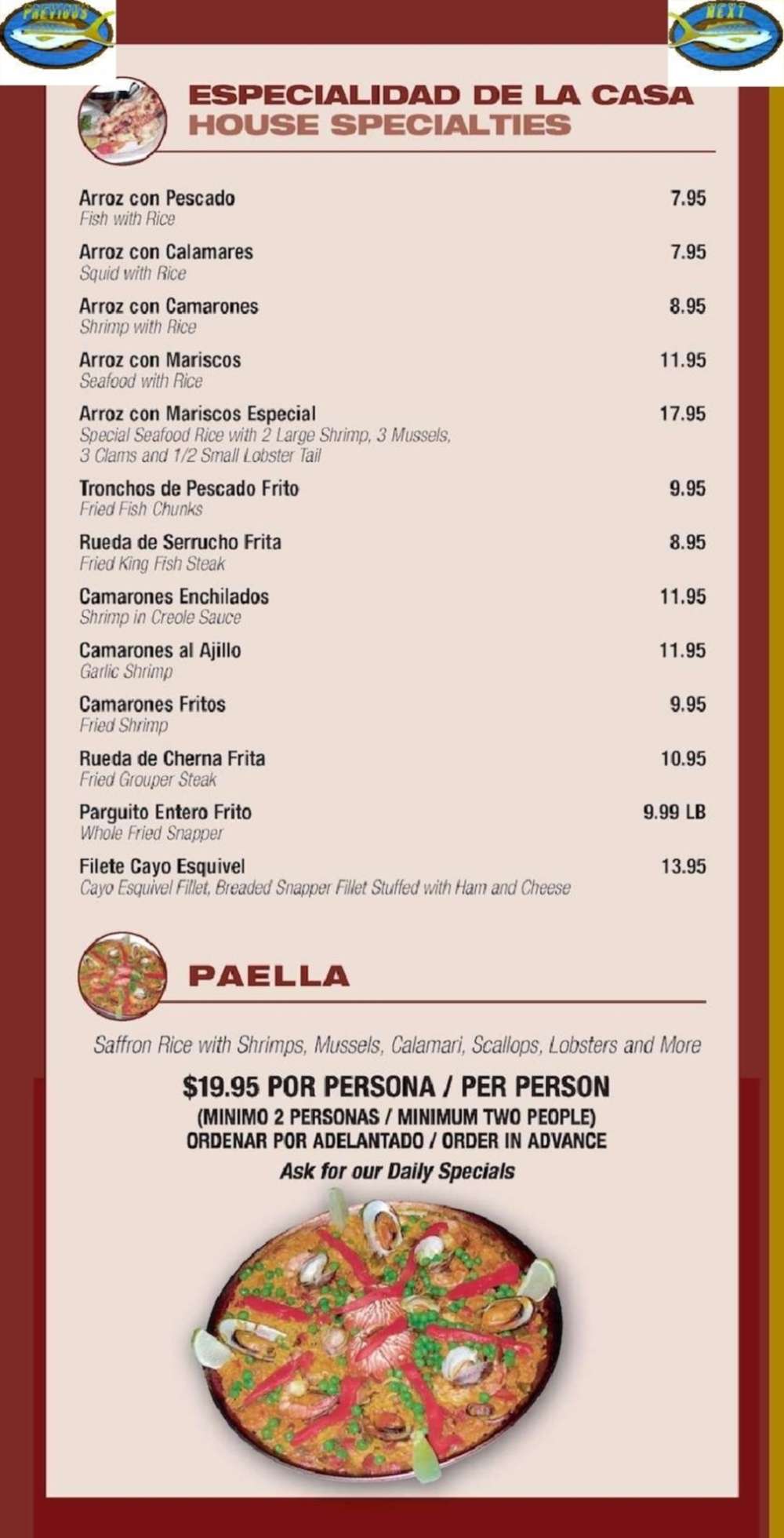 Menu at Cayo Esquivel Seafood restaurant, Miami, SW 40th St