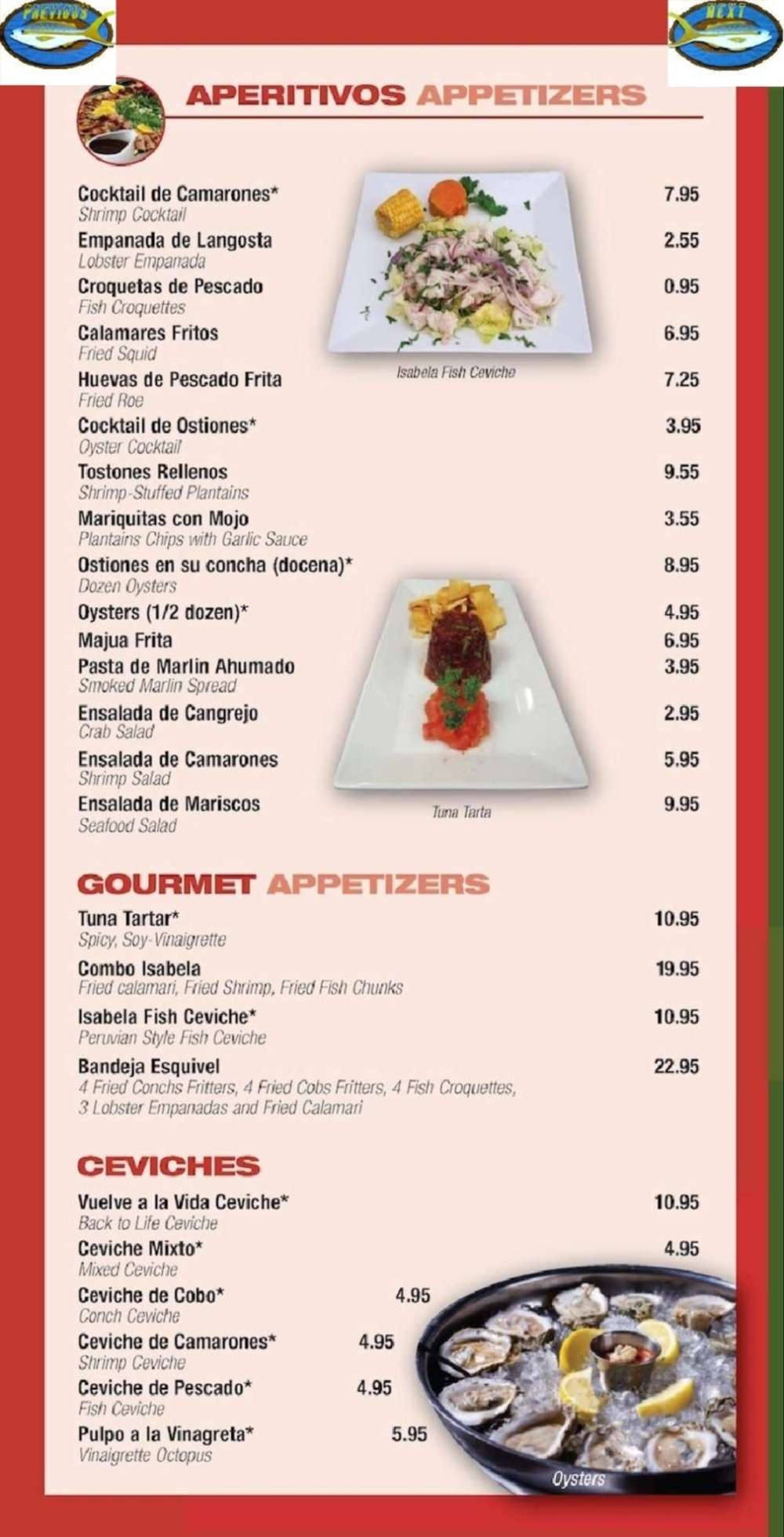 Menu at Cayo Esquivel Seafood restaurant, Miami, SW 40th St