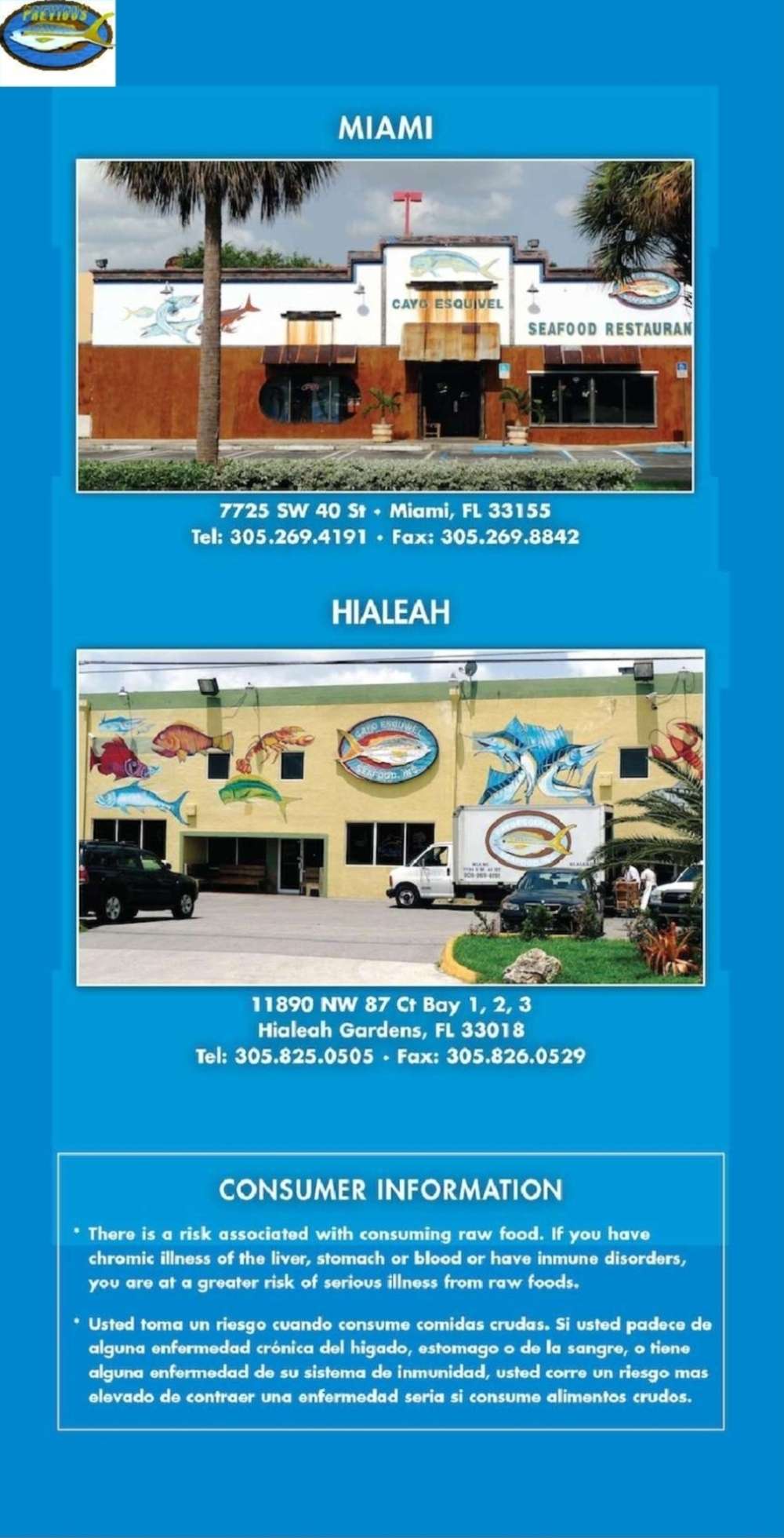 Menu at Cayo Esquivel Seafood restaurant, Miami, SW 40th St