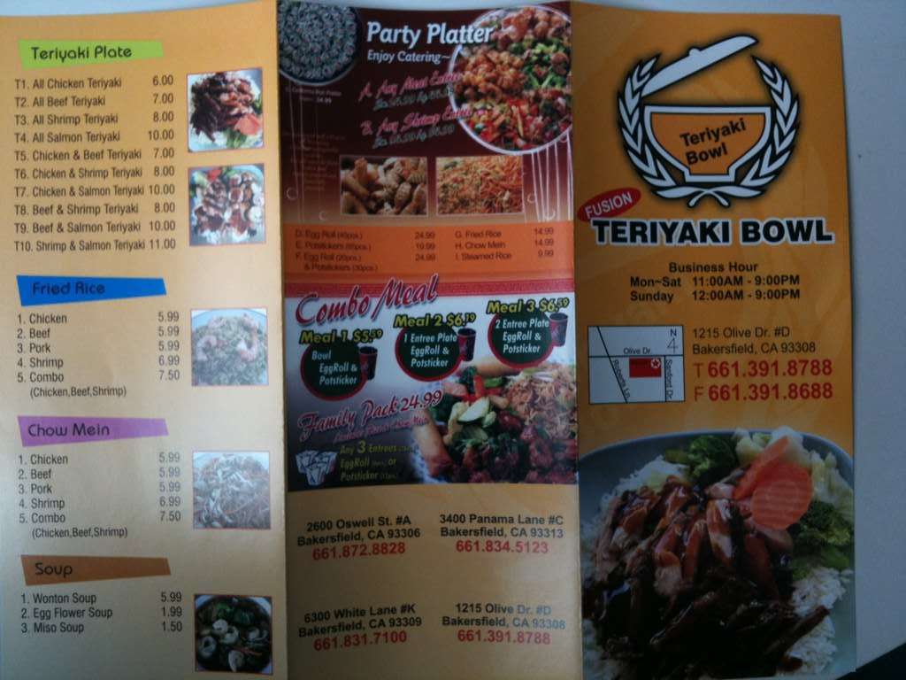 Menu at Fusion Teriyaki Bowl restaurant, Bakersfield, Olive Dr