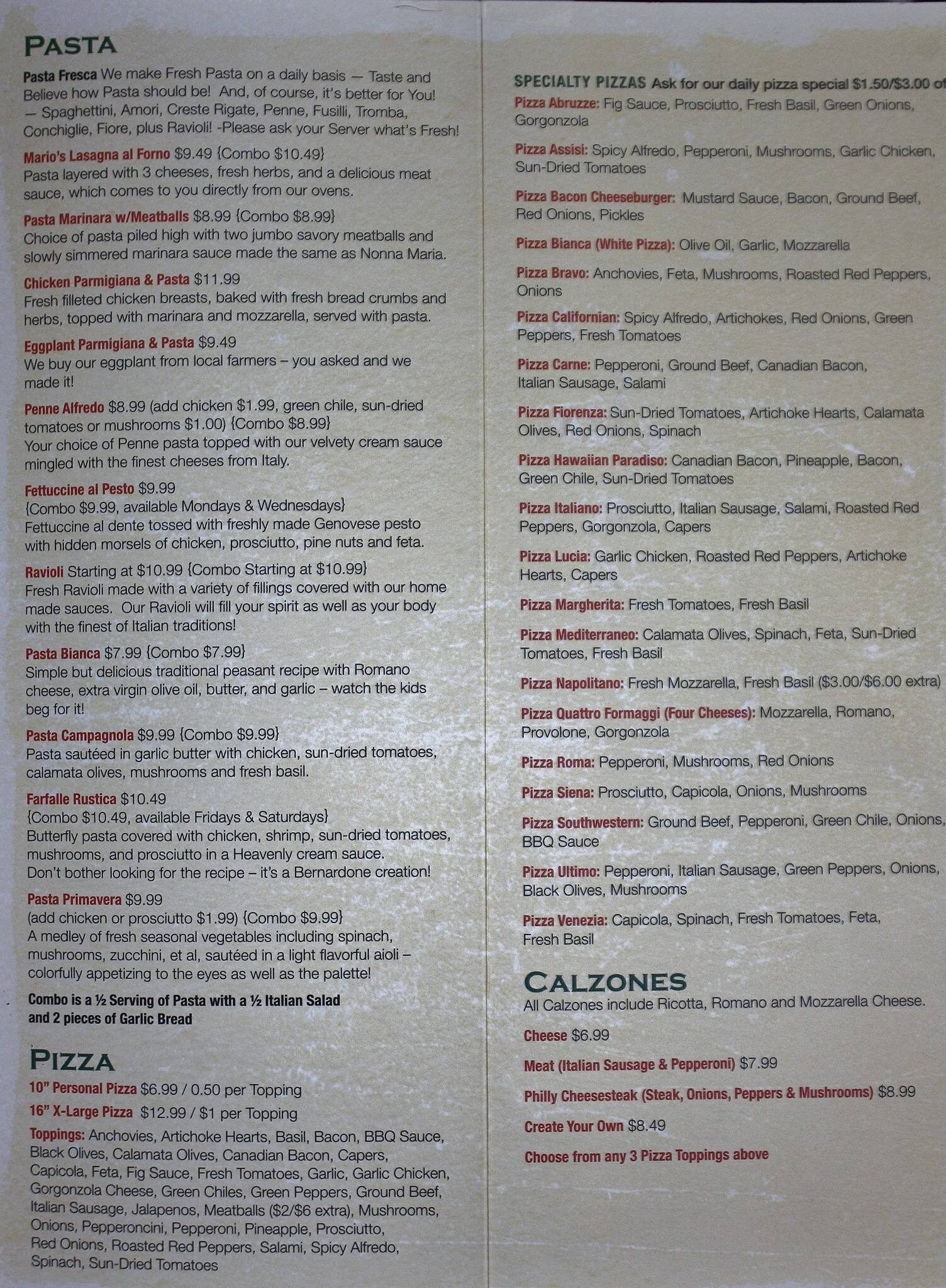 Bernardone's Family Pizzeria Menu - Urbanspoon/Zomato