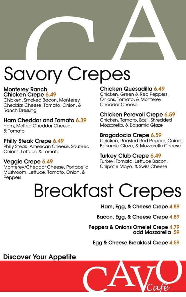 Menu at Cavo Crepe Cafe, Atlantic City