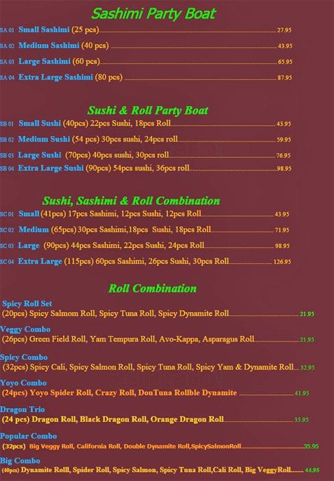 Menu at Yo Yo restaurant, Halton Hills