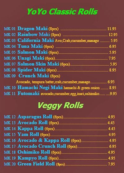 Menu at Yo Yo restaurant, Halton Hills