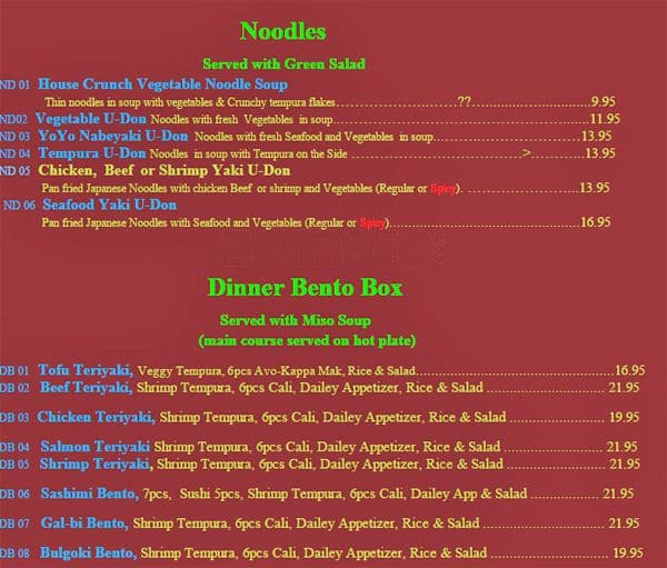 Menu at Yo Yo restaurant, Halton Hills