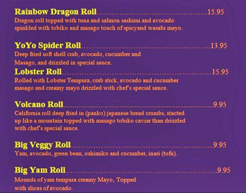 Menu at Yo Yo restaurant, Halton Hills