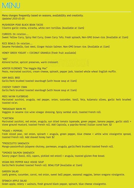 Menu at Happy Belly eatery + juice bar, Tacoma