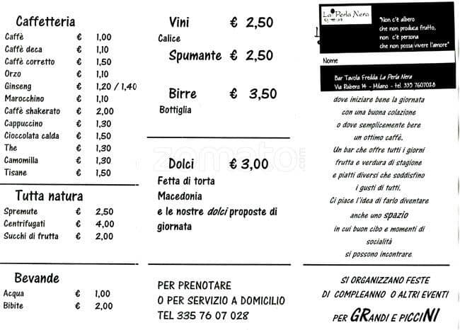 Menu at La Perla Nera pub & bar, Milan, Via Caccialepori 3