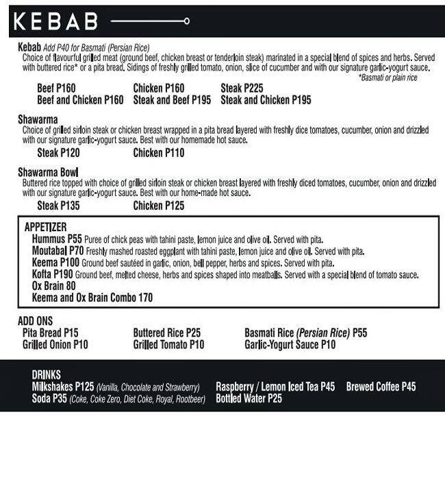 Menu at Kebab Brothers restaurant, Marikina, Lilac Street