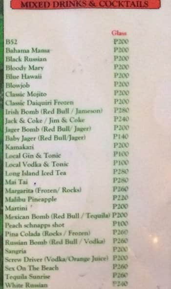 Menu at Howling Dogs Bar, Cebu City