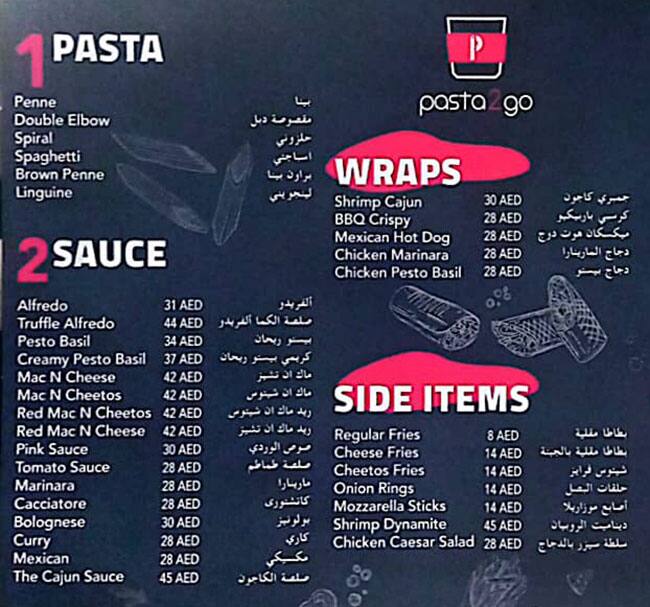 Menu of Pasta 2 Go, Mirdif, Dubai