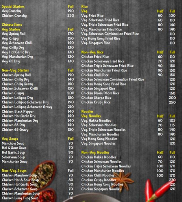 Menu of A-1 Chinese Corner, Marol, Mumbai