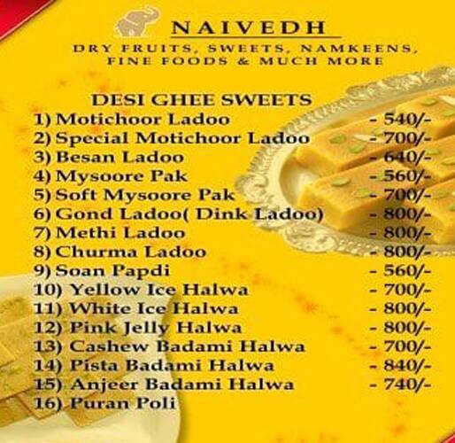 Menu of Naivedh Dry Fruits, Sweets, & Fine Foods, Mahim, Mumbai