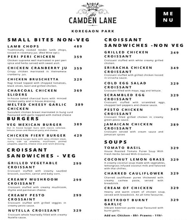 Menu of The Camden Lane, Koregaon Park, Pune