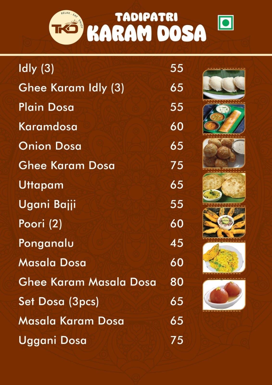 Menu of Tadipatri Karam Dosa, Chanda Nagar, Hyderabad