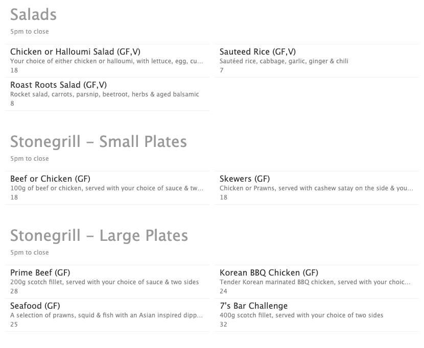 Menu at 7 Bar, Upper Hutt