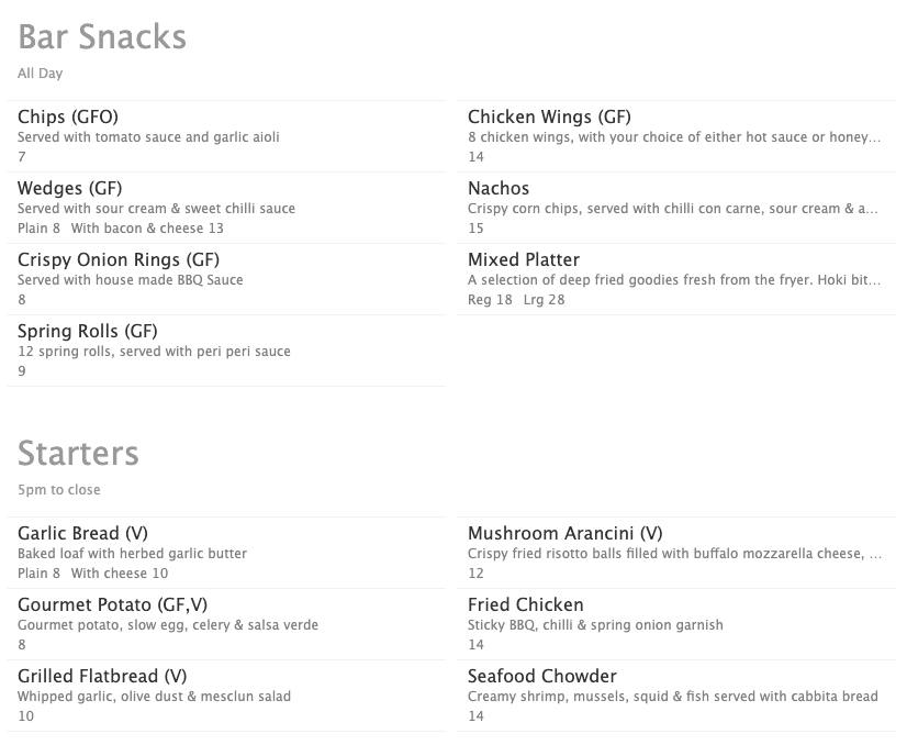 Menu at 7 Bar, Upper Hutt