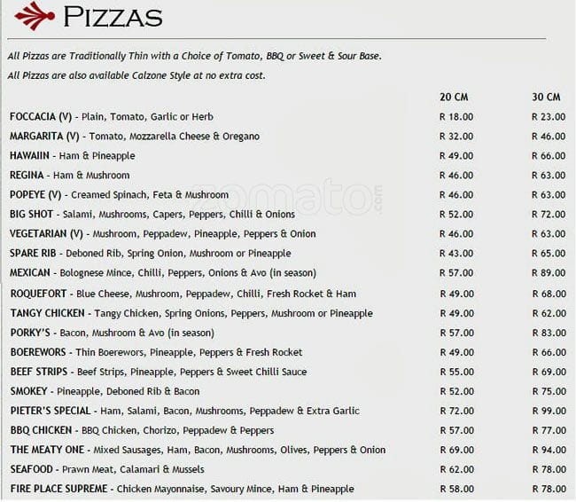 Menu au The Fireplace restaurant, Pretoria