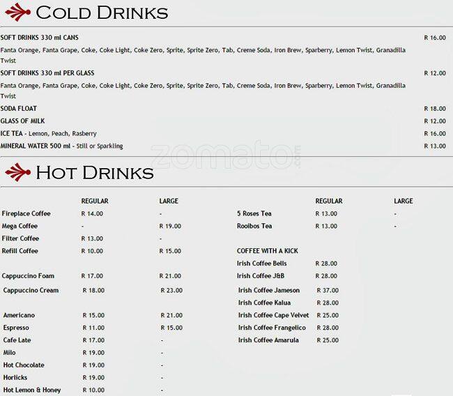 Menu au The Fireplace restaurant, Pretoria