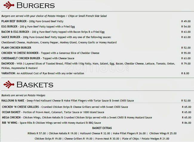 Speisekarte von The Fireplace restaurant, Pretoria