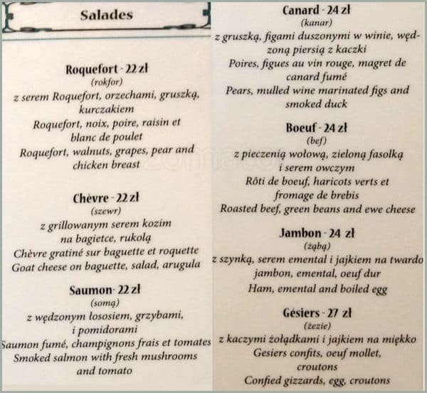 Menu at Restauracja Petite France restaurant, Kraków