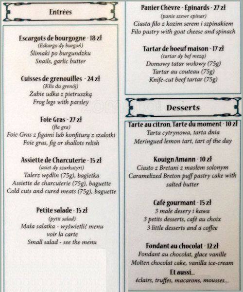 Menu at Restauracja Petite France restaurant, Kraków