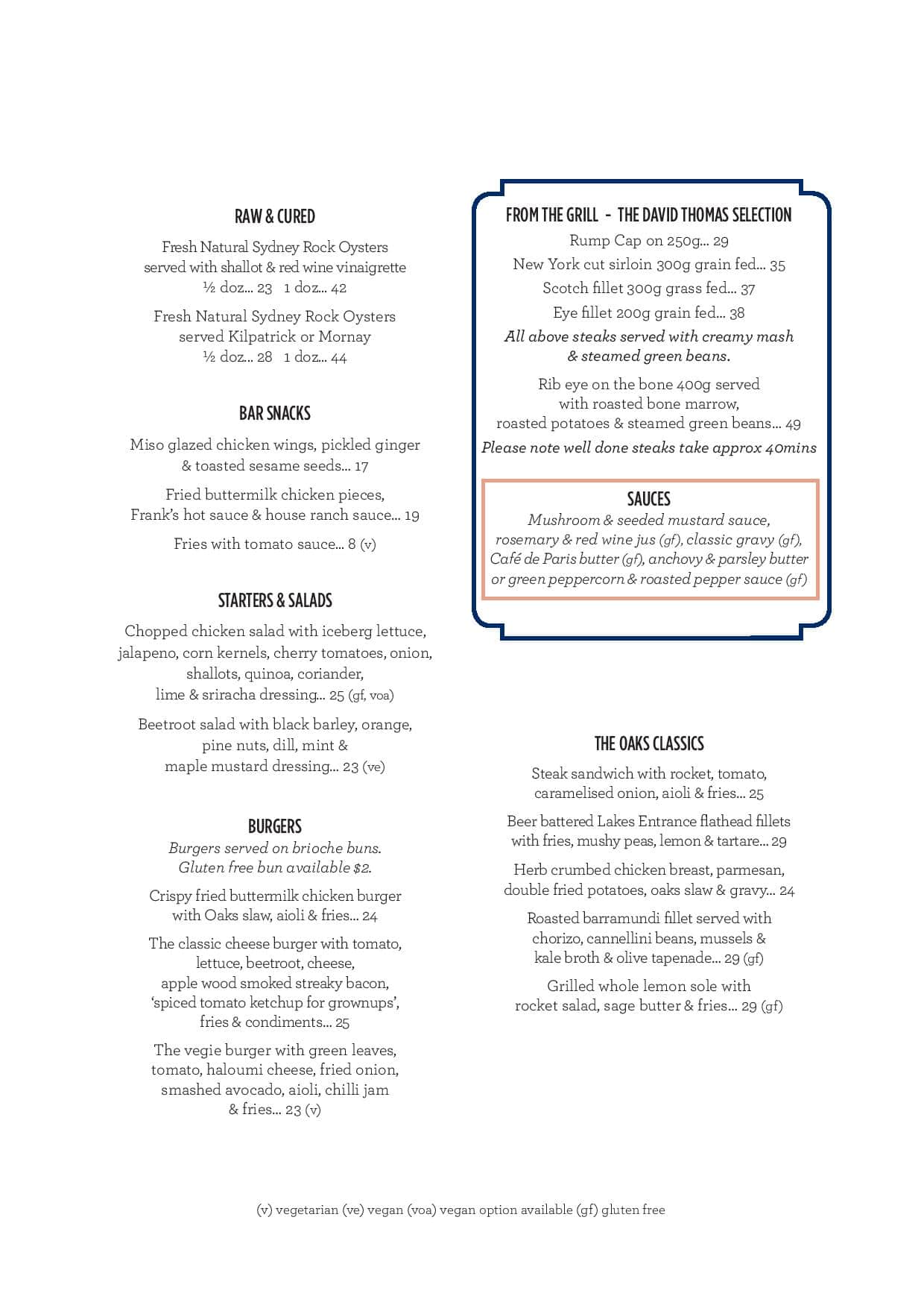 Menu at The Oaks pub & bar, Neutral Bay