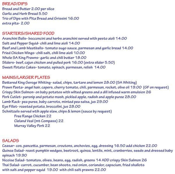 Menu at Boatshed Hallett Cove pizzeria, Hallett Cove