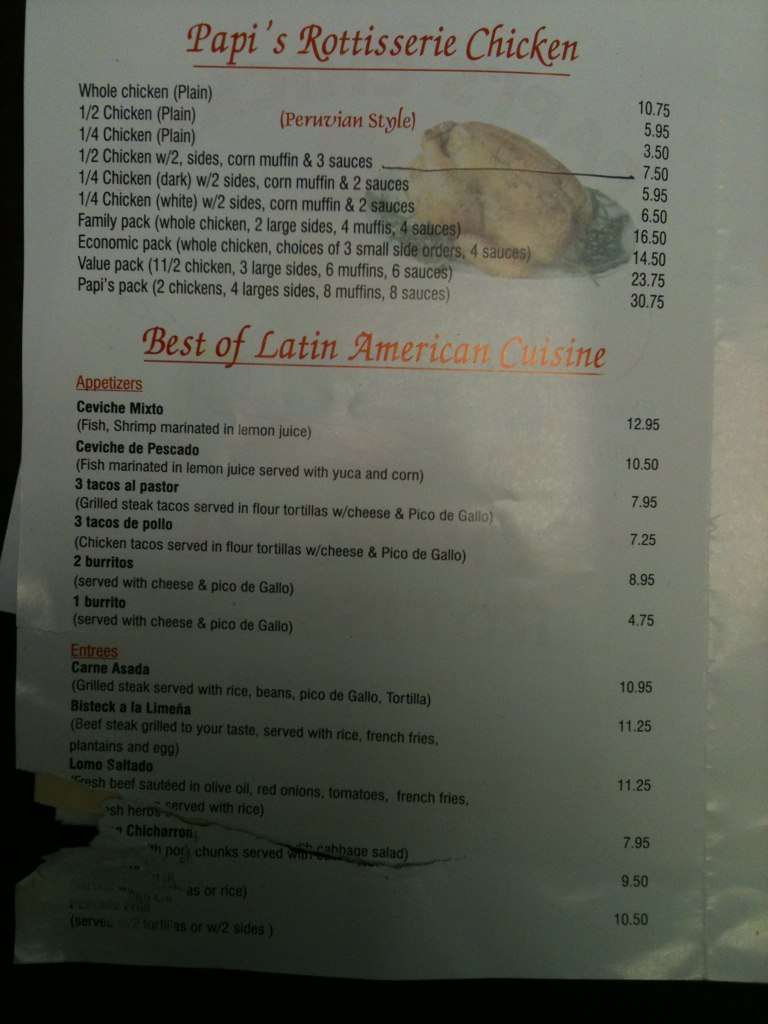 Menu at Papi's Chicken restaurant, Camp Springs