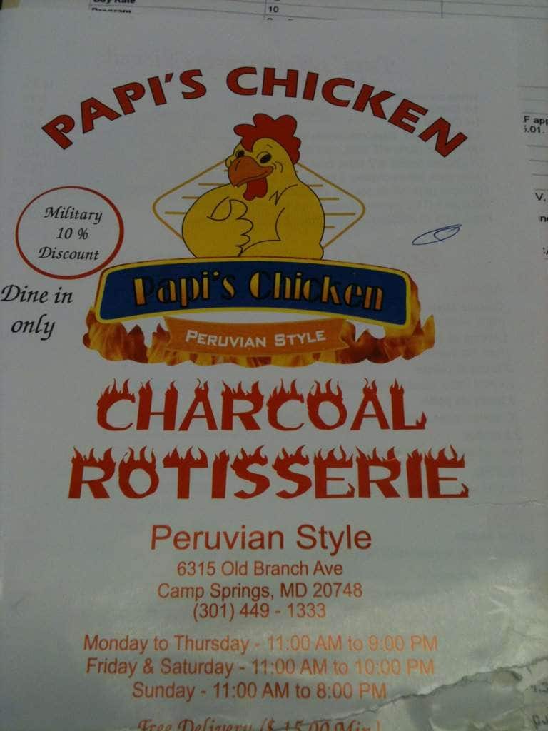 Menu at Papi's Chicken restaurant, Camp Springs