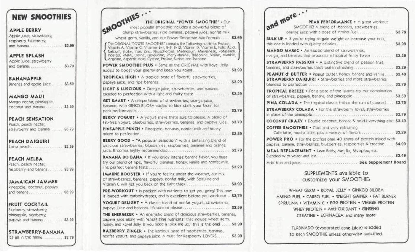 Menu at Power Smoothie pub & bar, Pembroke Pines, 10052 Pines Blvd