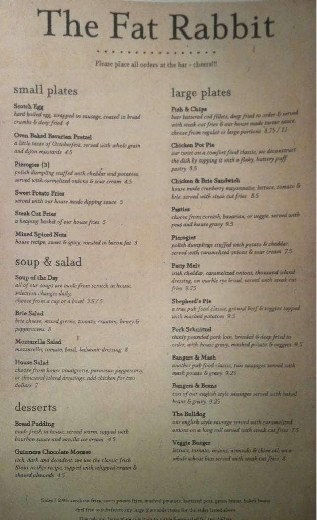 Menu at The Fat Rabbit pub & bar, Folsom