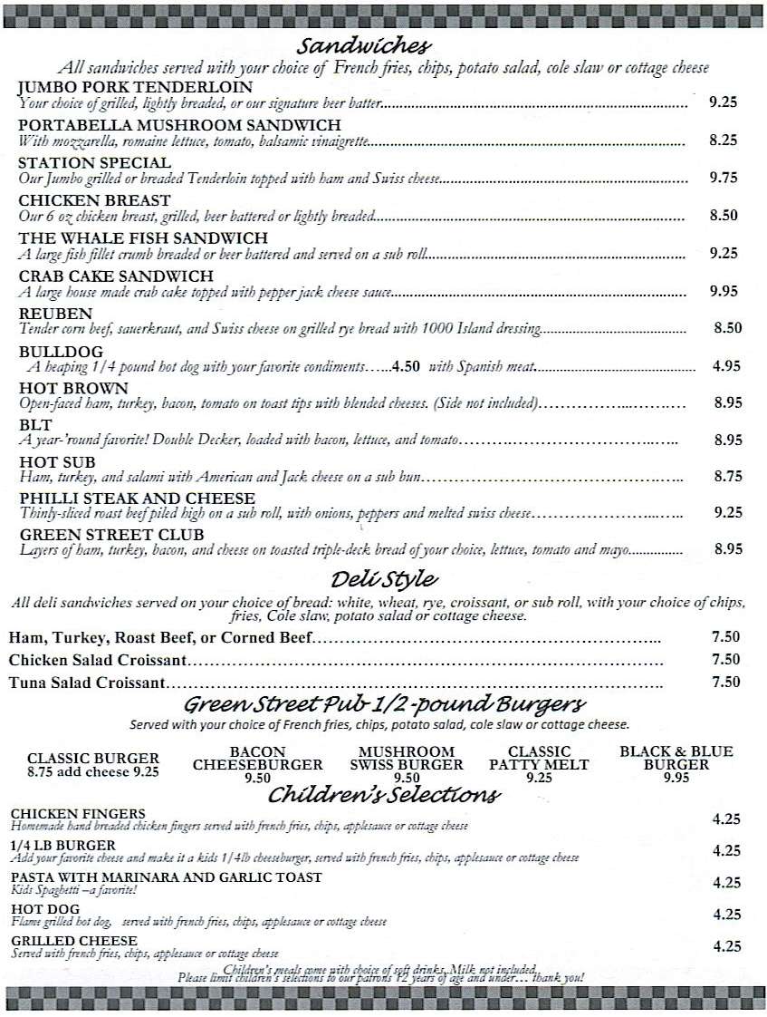 Menu at Green Street Pub and Eatery, Brownsburg