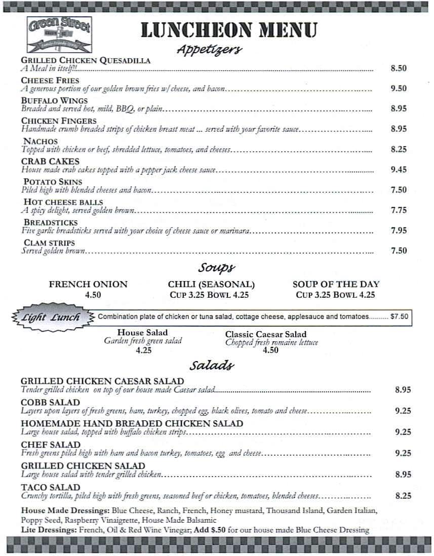 Menu at Green Street Pub and Eatery, Brownsburg