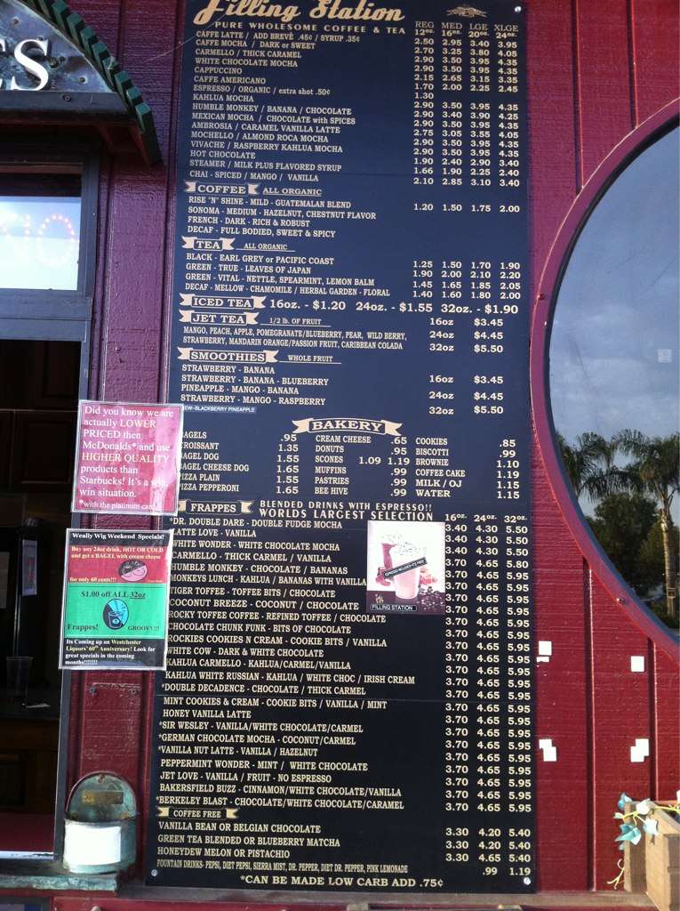 Menu at Filling Station, Bakersfield