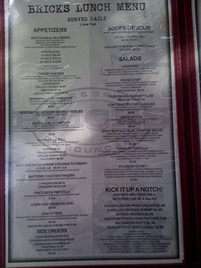 Bricks on Boundary Menu, Menu for Bricks on Boundary, Beaufort, Hilton ...
