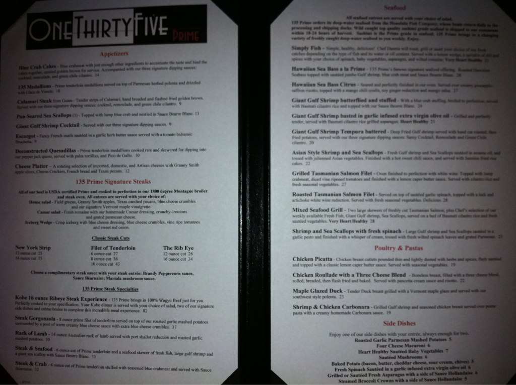 Menu at One Thirty Five Prime steakhouse, Waco