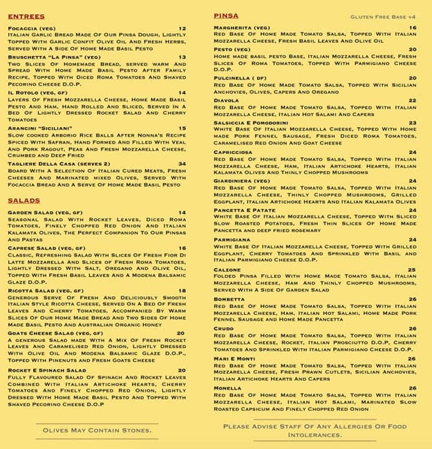 Menu at La Pinsa restaurant, Brisbane City