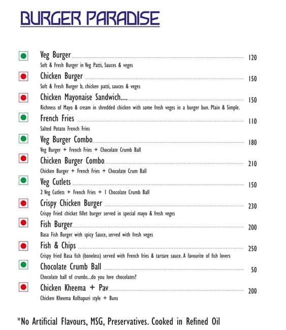 Menu of Burger Paradise, Bavdhan, Pune