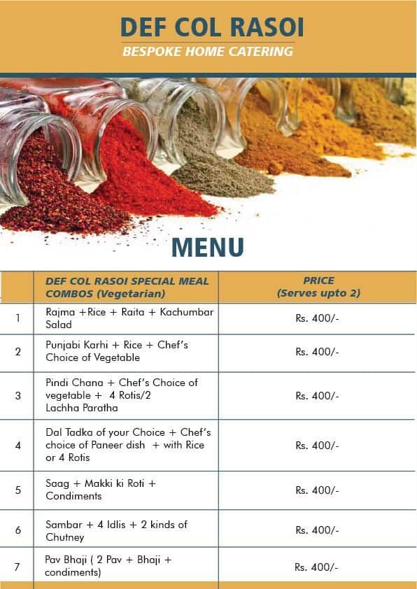 Menu of Def Col Rasoi, Defence Colony, New Delhi