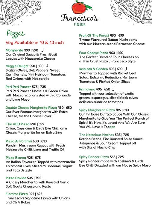 Menu of Francesco's Pizzeria, Chembur, Mumbai