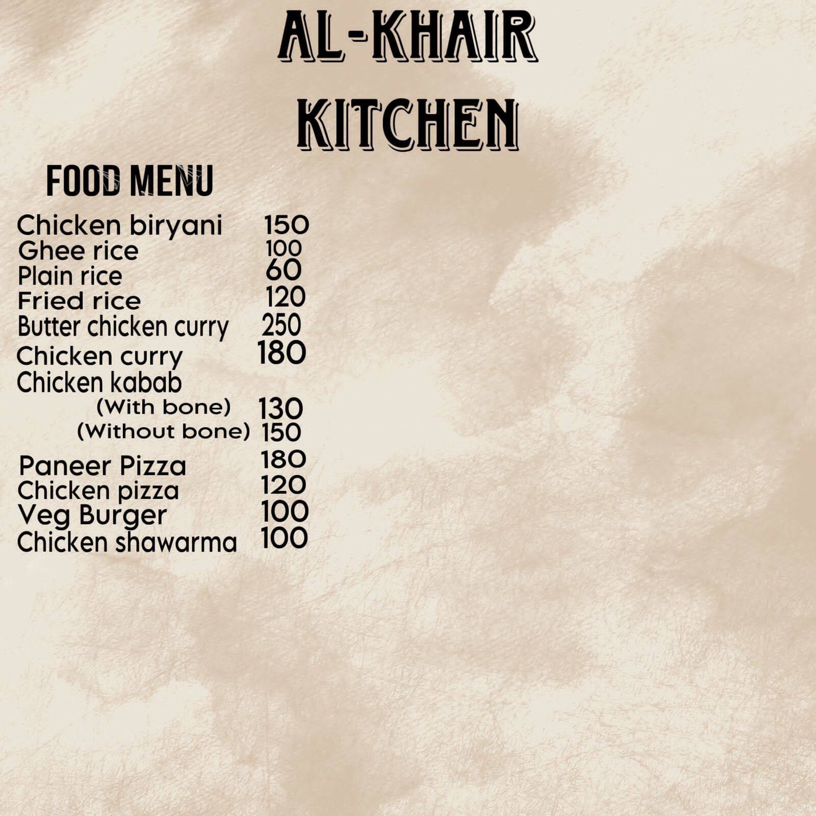 Menu of Alkhair Kitchen, Kumaraswamy Layout, Bangalore