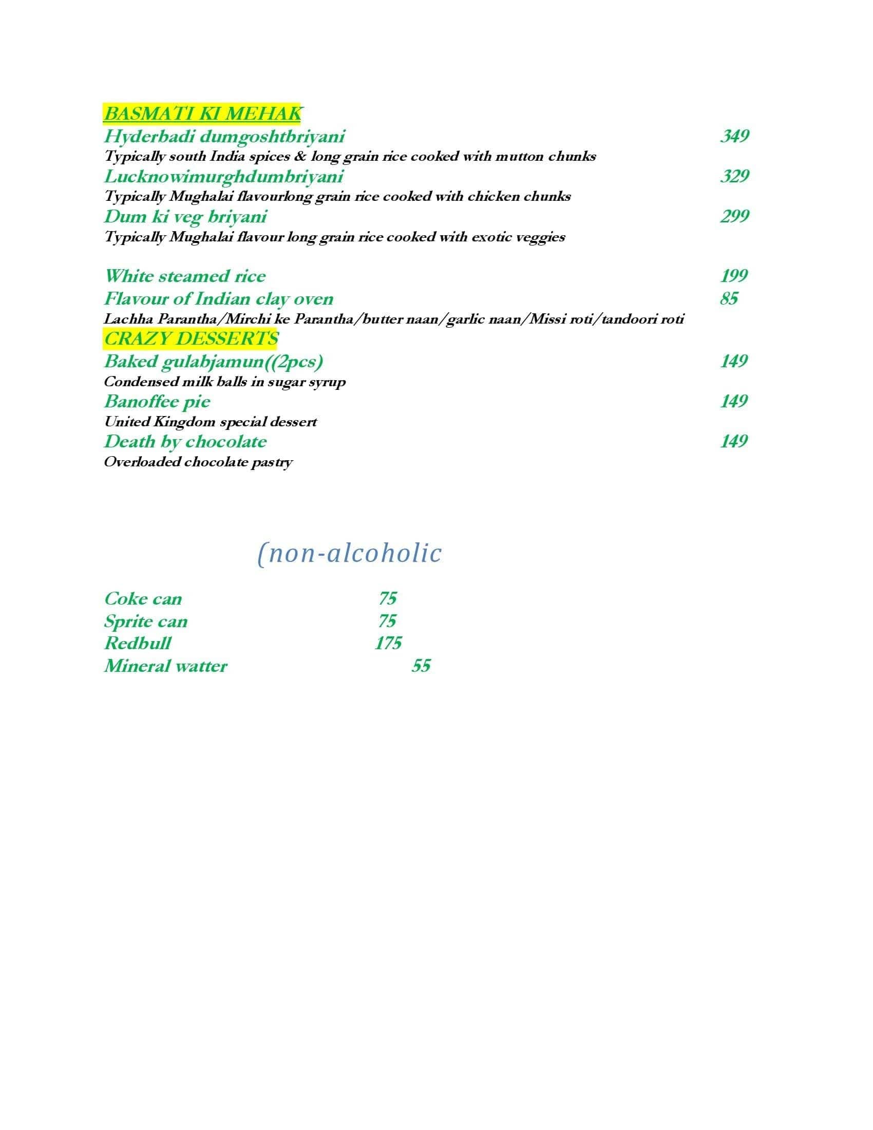 Menu at Skyfall Lounge, Kanpur