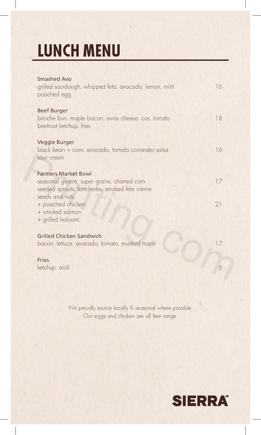 Menu at SIERRA COFFEE cafe, Auckland, 162 Victoria St W