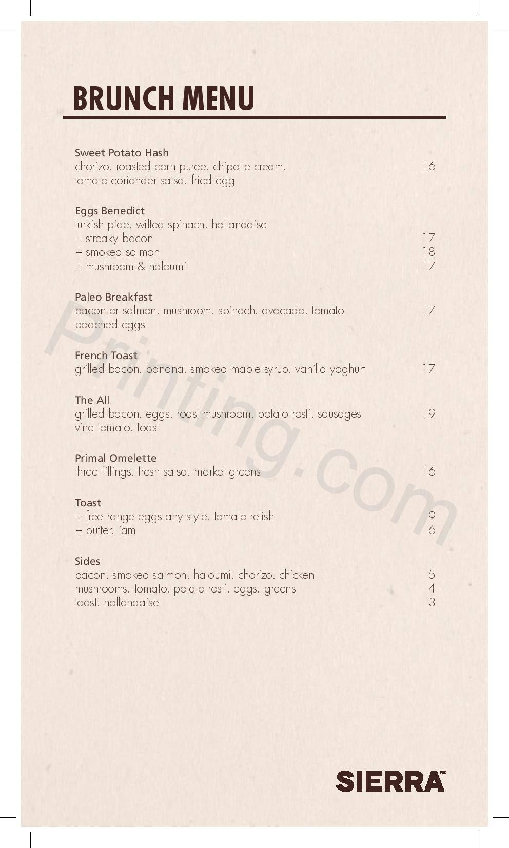Menu at SIERRA COFFEE cafe, Auckland, 162 Victoria St W