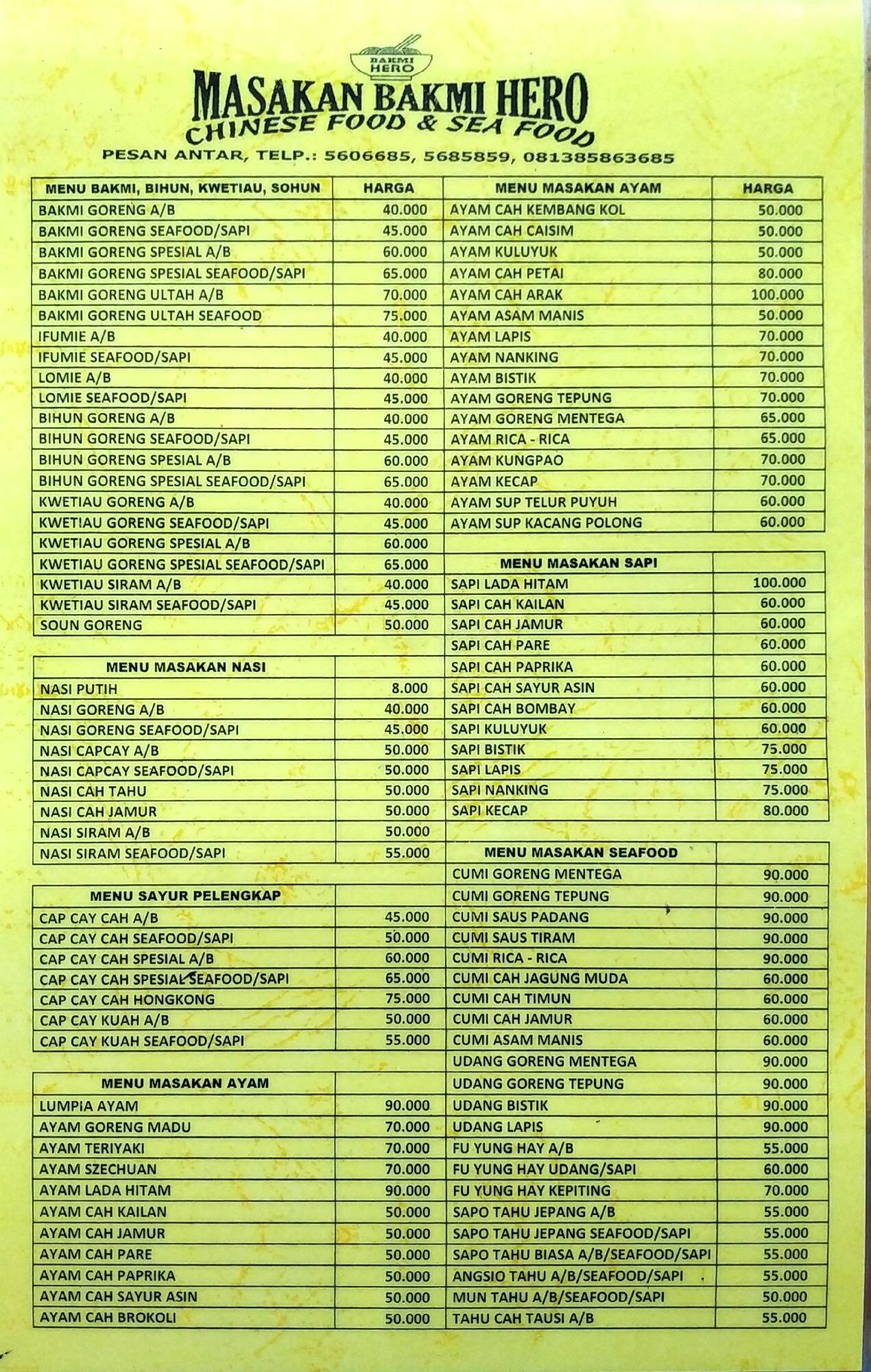 Menu at Bakmi Hero restaurant, West Jakarta, Jl. Tanjung Duren Barat 5 No.1